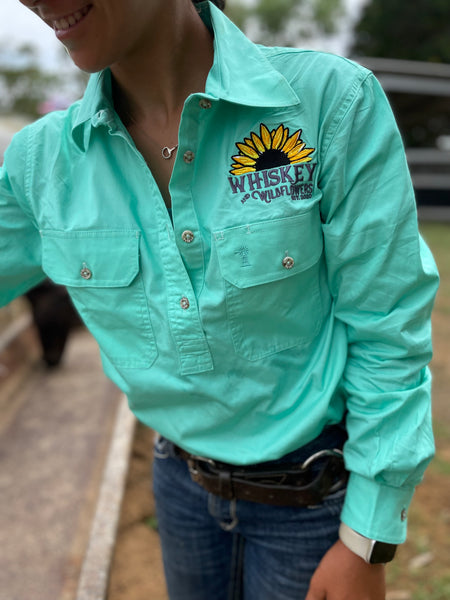 W&W Embroidered Women's Half Button Pilbara Work Shirt/ Mint – Whiskey ...